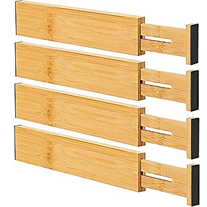 Ryqtop Bamboo Drawer Dividers Organizers, Kitchen Drawer Organizer, Adjustable Drawer Divider for Clothes, Kitchen, Dresser, Bedroom, Bathroom and Office, 4-Pack (Natural, 12-17 IN)