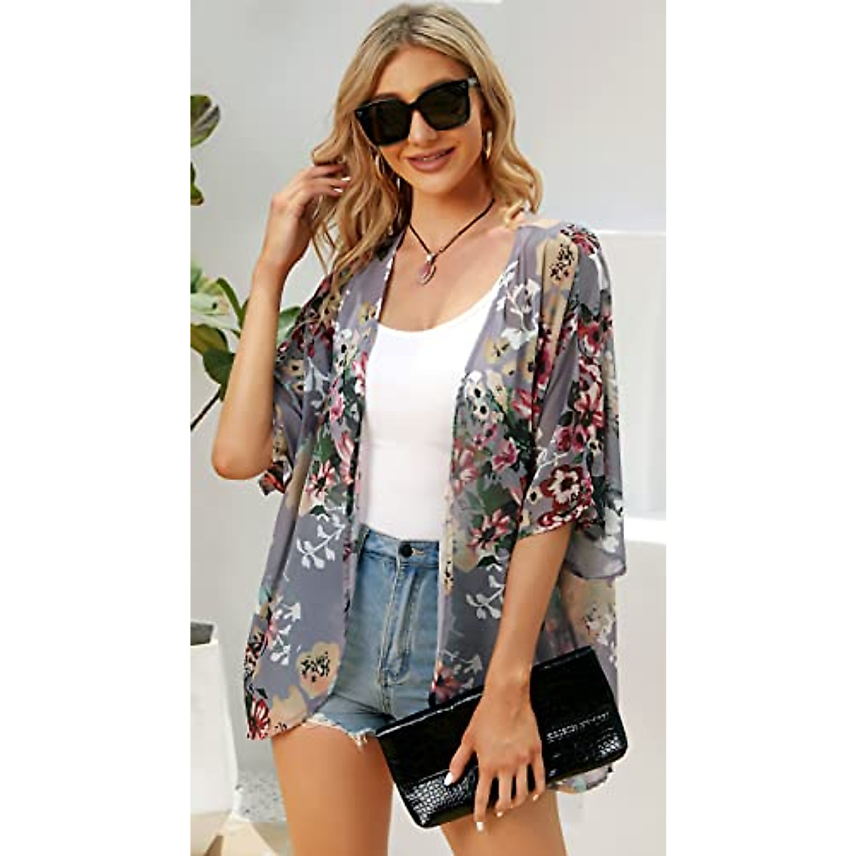 Women's Floral Print Puff Sleeve Kimono Cardigan Loose Cover Up Casual Blouse Tops(Dark Grey,L)