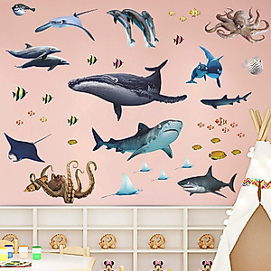Removable 3D Removable Under The Sea Fish Wall Sticker DIY Ocean Animals Wall Decals Whale, Shark, Squid Wall Decor Peel and Stick Art for Kids Room Baby Bedroom Nursery Boy and Girls