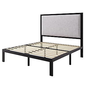 Allewie Full Size Bed Frame with 47'' Tall Upholstered Headboard, High Metal Bed Frame with 12'' Under-Bed Storage Space/Wood Slats Support/Easy Assembly/No Box Spring Need/Noise-Free/Grey