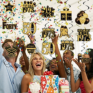 Beststar 25pcs 50th Birthday Decorations Black Gold Party Supplies Hanging Swirls for Men Women,1973 Party Decorations for Women, 50 Years Birthday Decorations for Men