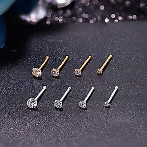 Sllaiss 8Pcs 20G Sterling Silver Nose Studs Ring for Women Man Gold Nose Piercing Body Jewelry Gifts (SILVER & GOLD)
