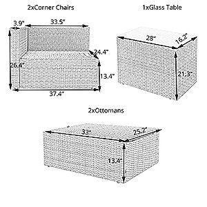 TJLSS Outdoor Patio Furniture 5-Pcs Set Wicker Rattan Sectional Sofa Set 2 Corner Chair+1 Tea Table+2 Ottoman Brown&Gray