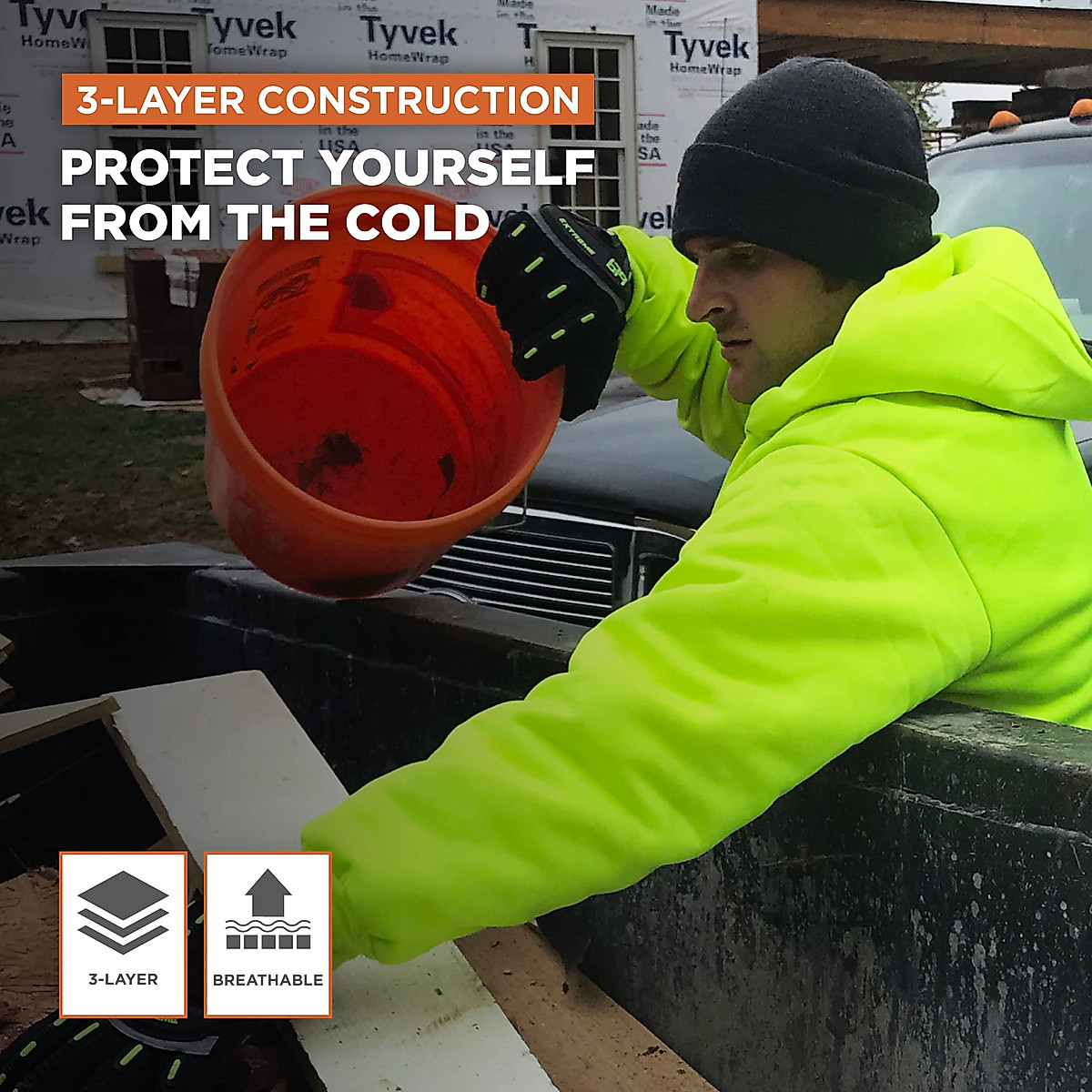 RefrigiWear Men's Insulated Quilted Zip-Up Sweatshirt with Hood, X-Large, High Visibility Lime