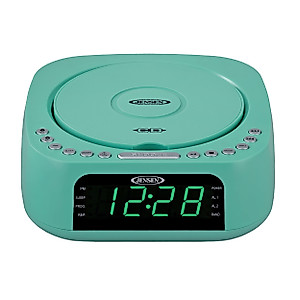Jensen Teal Modern Home Audio CD Player Tabletop Stereo Dual Alarm Clock Digital FM Radio | Top-Loading CD/MP3/WMA Player | USB Charging Port 2.1A | Headphone Jack | 0.9 Display Green LED
