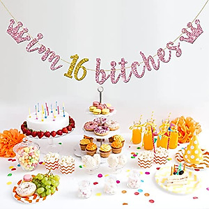 Pink Gold I'm 16 Bitches Banner, Happy 16th Birthday Party Decorations for Girls, 16th Wedding Anniversary Party Supplies Glitter Sweet 16 Banner