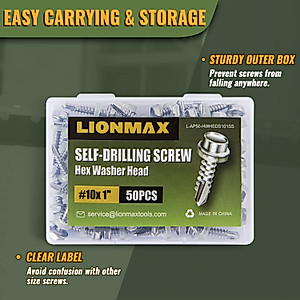 LIONMAX #10 × 1" Self Drilling Screws, Hex Washer Head Sheet Metal Screws, 304 Stainless Steel 18-8, Anti-Corrosion, 50 PCS