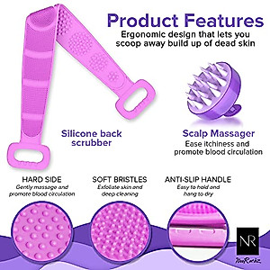 NeeRockz - Silicone Body Scrubber and Scalp Massager Set, 3-Inch Scalp Exfoliator and Dual-Sided 31.5-Inch Back Scrubber for Shower, Ergonomic Hair Massager and Bath Scrubber