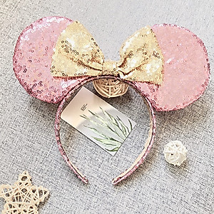 RCRAJE Mouse Ears Bow Headbands, Mice Sequin Ears Headbands for Kids Girls Women, Glitter Party Princess Decoration Cosplay Birthday Christmas Party (pink)