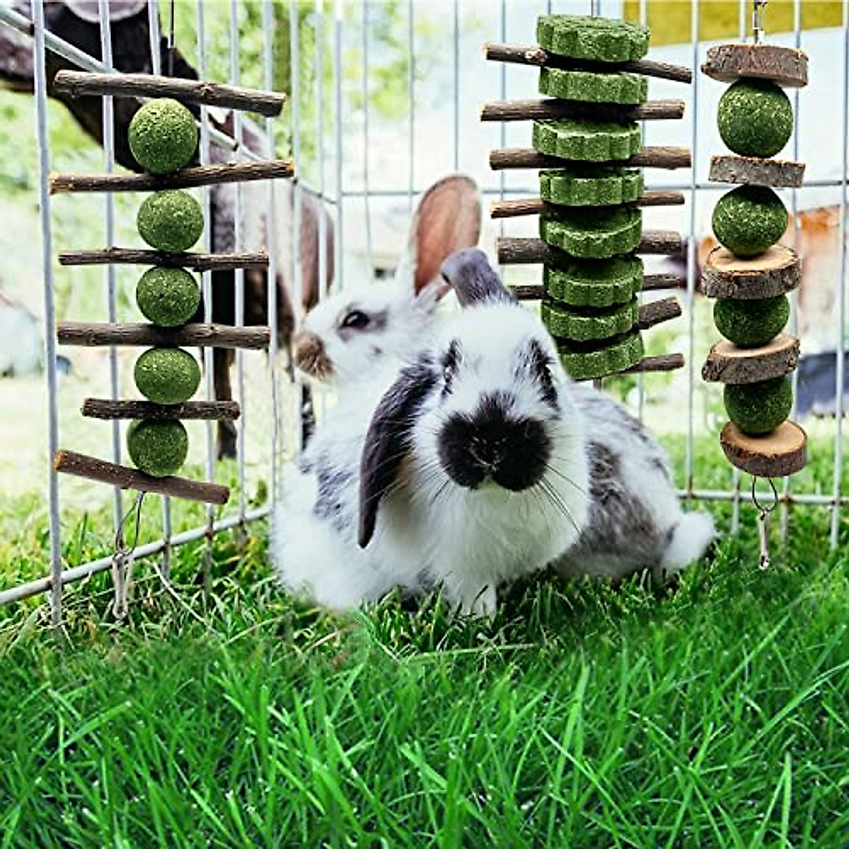 3 Pcs Bunny Teeth Grinding Chew Toys, Apple Branch Chewing Sticks with Grass Ball and Grass Cake for Rabbits Bunnies Hamsters Guinea Pigs