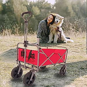 Folding Wagon Cart Beach Wagon Utility Wagon Cart Outdoor Heavy Duty Garden Portable Hand Cart with All-Terrain Wheels & Adjustable Handle (Red+White)