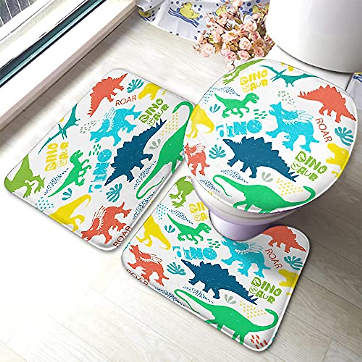 WONDERTIFY Dino Pattern Bathroom Antiskid Pad T-Rex Dinosaur Triceratops 3 Pieces Bathroom Rugs Set, Bath Mat+Contour+Toilet Lid Cover