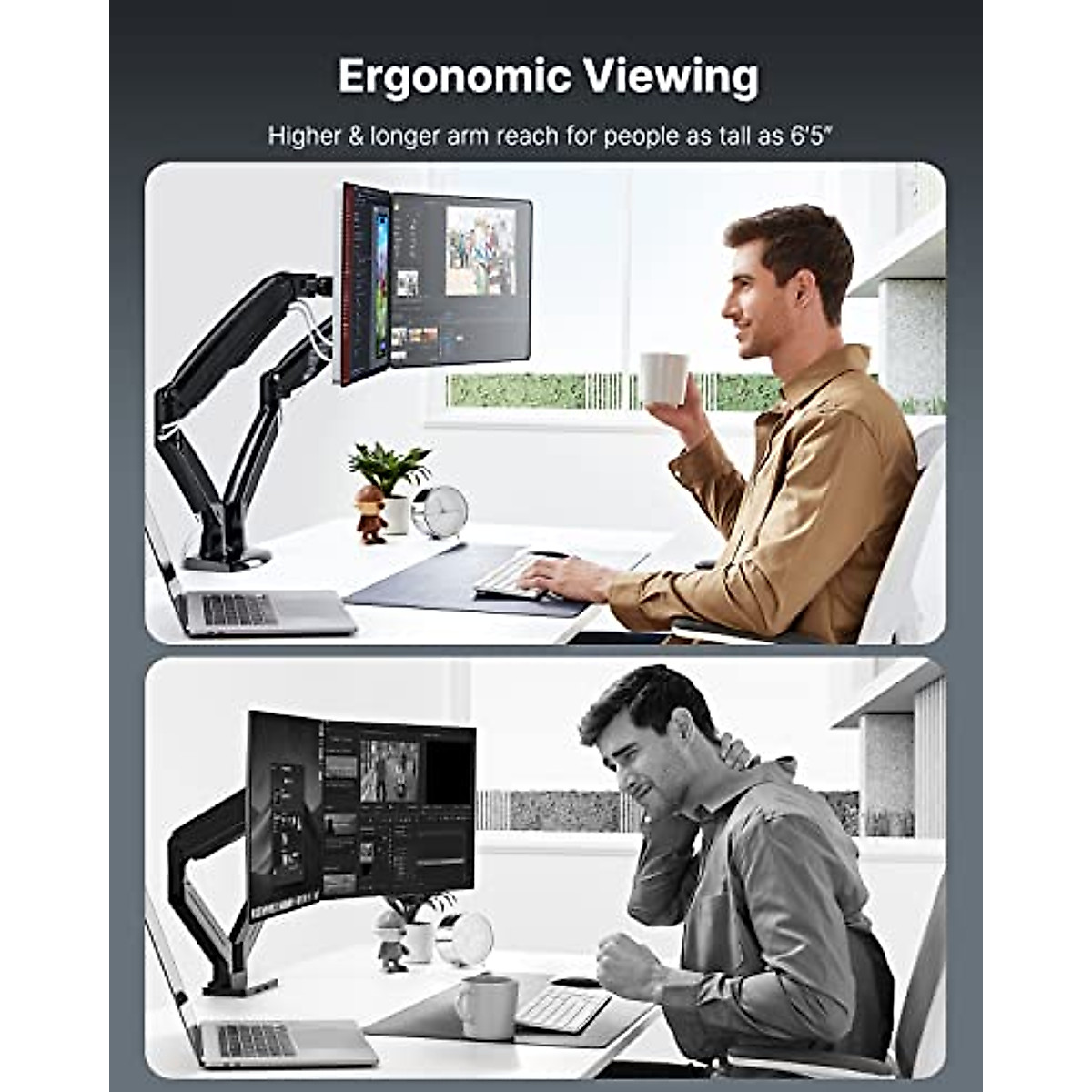 HUANUO Dual Monitor Stand for 13 to 35 inch, Premium Dual Monitor Mount with USB, Height Adjustable Monitor Stands for 2 Monitors VESA Bracket with Clamp/Grommet Base, Each Arm Hold up to 26.4lbs