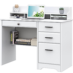 Catrimown Computer Desk with Storage Drawers and Hutch, 44 Inch Home Office Desks with 4 Drawers & Monitor Stand for Small Space, Small White Desk Writing Table Study Desks for Bedroom, White