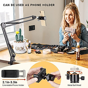 CAHAYA 2 in 1 Microphone Arm Stand and Phone Stand with Pop Filter 2 Mic Clip and 3/8" to 5/8" Adapter Heavy Duty Adjustable Suspension Boom Scissor Microphone Stand for Blue Yeti Snowball CY0263-1