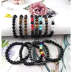 SAMOCO 12 Pcs Adjustable Lava Rock Stone Essential Oil Diffuser Bracelet Braided Elastic Rope Stone Yoga Beads Bracelets for Men Women