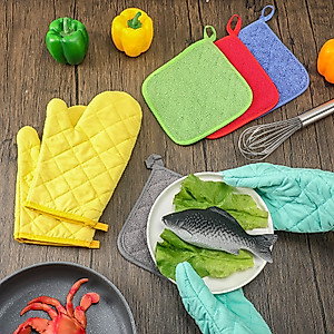 Zubebe 12 Pcs Oven Mitts and Pot Holders Multicolor Sets 6 Pair Heat Resistant Cotton Oven Gloves Extra Thicken Long Kitchen Gloves 6 Terry Cloth Pot Holders Oven Hot Pads for Cooking Baking Grilling