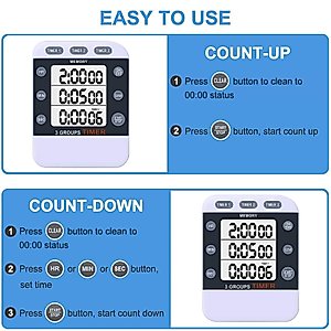 HomeMall Digital Dual Kitchen Timer, Cooking Timer, 3 Channels Count Up ＆ Down Timer with Magnetic Back, Large Display, Adjustable Volume, ON/Off Switch Stopwatch, Battery Included