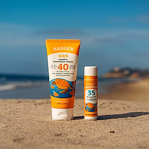 Badger Kids Mineral Sunscreen Combo, SPF 40 Cream and SPF 35 Face Stick, Reef Safe Broad Spectrum Water Resistant with Zinc Oxide, Tangerine and Vanilla