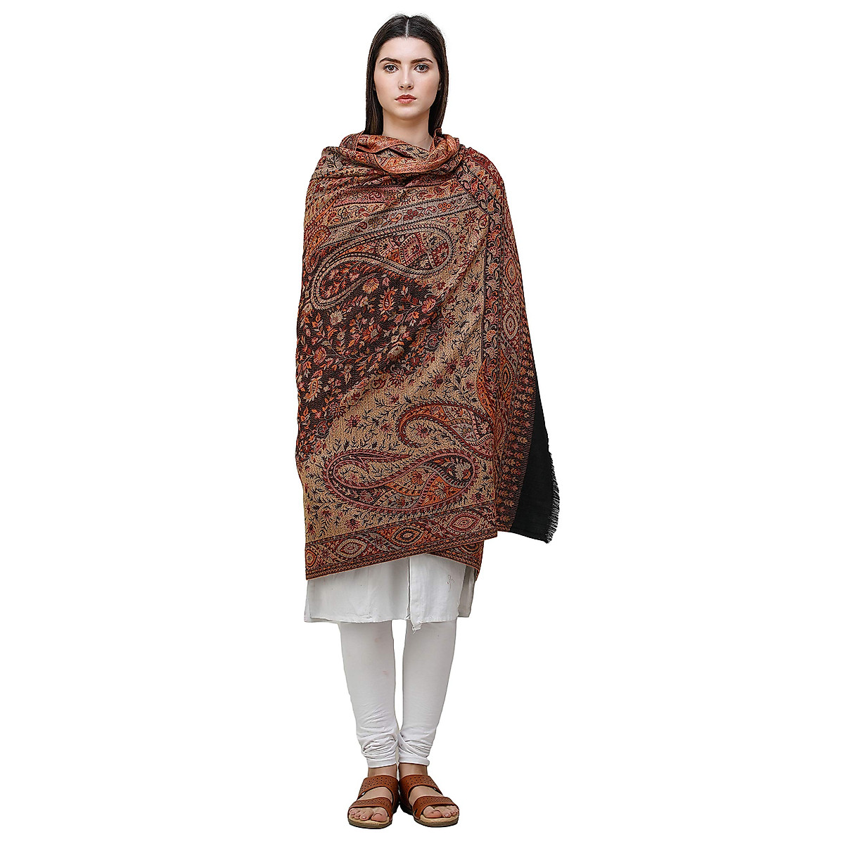 Exotic India Reversible Jamawar Shawl with Woven Paisleys - Color Caviar Black