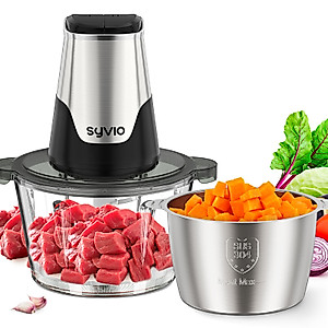 Syvio Food Processors with 2 Bowls, Meat Grinder 4 Bi-Level Blades, Mini Electric Food Chopper 400W, for Baby Food, Meat, Onion, Vegetables, 2 Speed, 8 Cup and 5 Cup