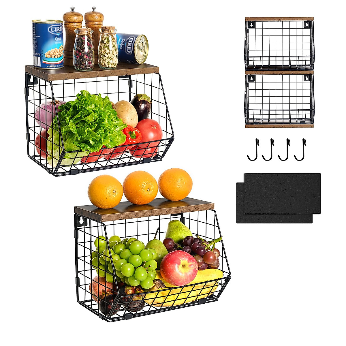 2 Pack Stackable Fruit Baskets with Wood Lid for Kitchen Counter, Wall-Mountable Hanging Wire Baskets with 4 Banana Hanger Hooks, Kitchen Organizers and Storage for Vegetable Onion Potato