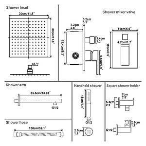 BESy Shower System with 12 Inch Rain Shower Head and Handheld Wall Mounted, High Pressure Rainfall Shower Faucet Fixture Combo Set with 2 in 1 Handheld Showerhead for Bathroom, Matte Black