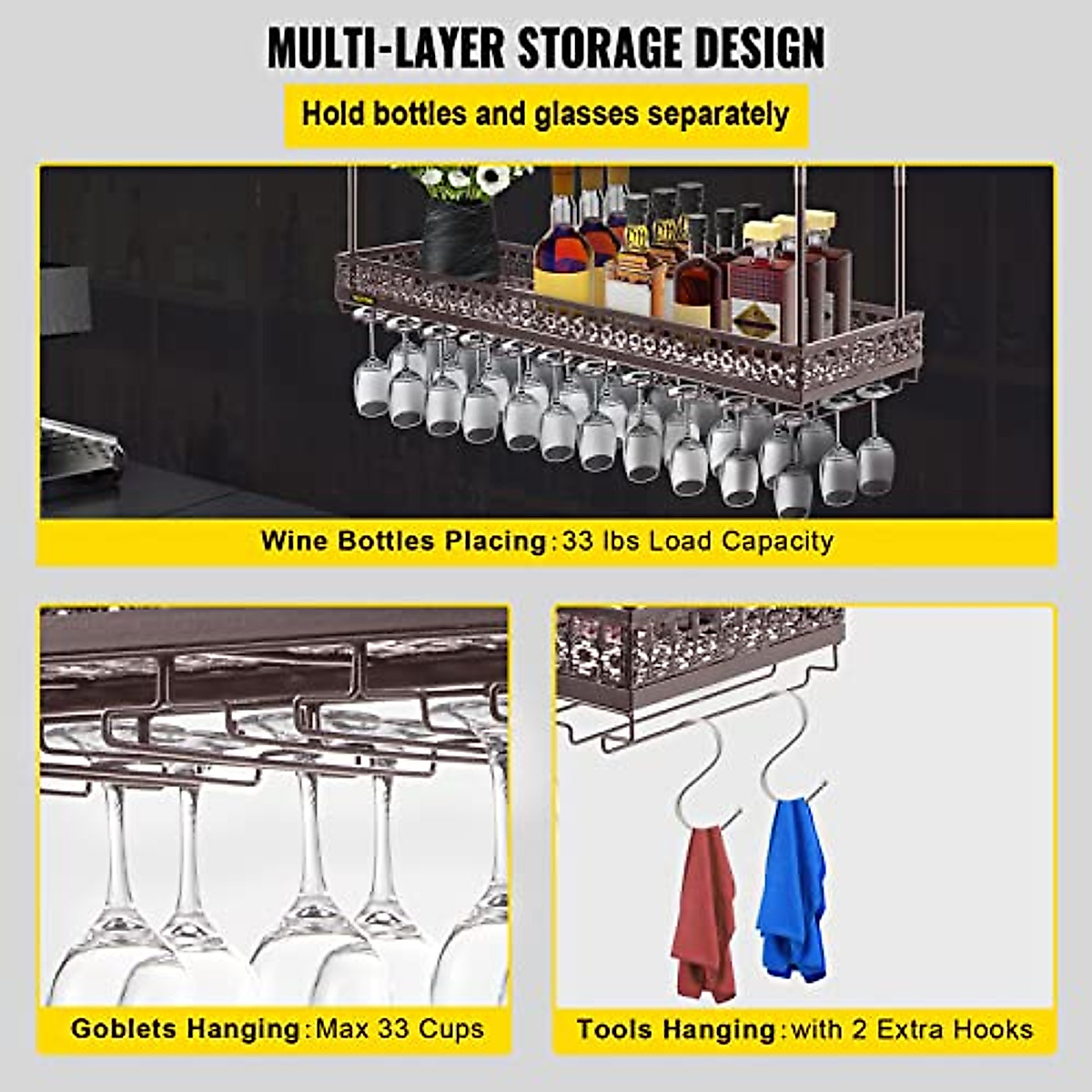 VEVOR Ceiling Wine Glass Rack, 46.9 x 13 inch Hanging Wine Glass Rack, 18.9-35.8 inch Height Adjustable Hanging Wine Rack Cabinet, Coppery Wall-Mounted Wine Glass Rack Perfect for Bar Cafe Kitchen