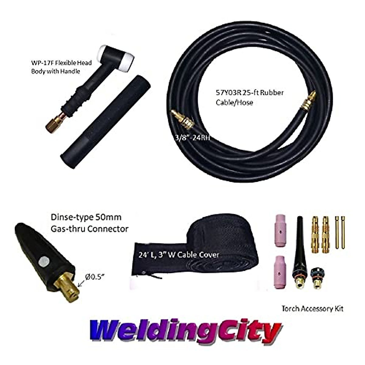 WeldingCity 150-amp WP-17F (Flexible Head) Air-cooled TIG Welding Torch Complete Package with 25-ft Power Cable Hose and Dinse 35-50 (1/2"-pin) In-line Gas-thru Cable Adapter
