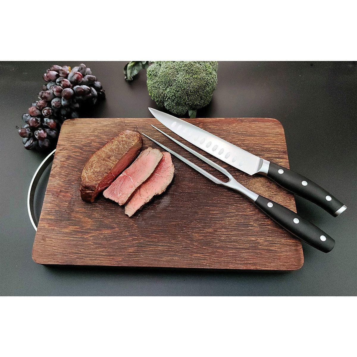 Carving Knife and Fork Set - with 8" Carving Knife &8" Straight Metal Fork Triple-Rivet German Steel Forged Kitchen Carving Set, Professional Meat Carving Knife Gourmet BBQ Tool Set