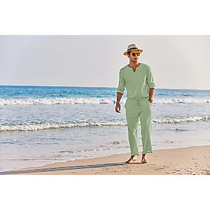 COOFANDY Men's 2 Pieces Cotton Linen Set Henley Shirt Long Sleeve and Casual Beach Pants Summer Yoga Outfits