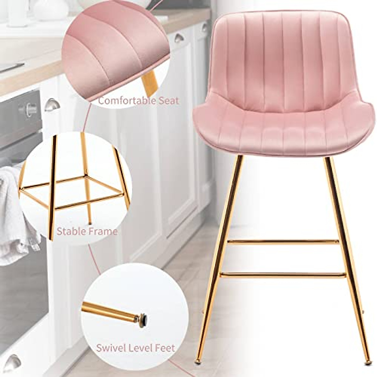 Whiterye Pink Bar Stools Set of 2, 24 Inch Counter Height Barstools with Back, Modern Bar Stools Gold Legs, Kitchen Stools for Island, (Pink).