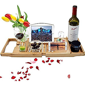 Bamboo Bathtub Caddy Tray, Expandable Bath Tray for Luxury Bath, Wooden Tub Tray with Reading Rack or Tablet Holder, Phone & Wine Glass Holder