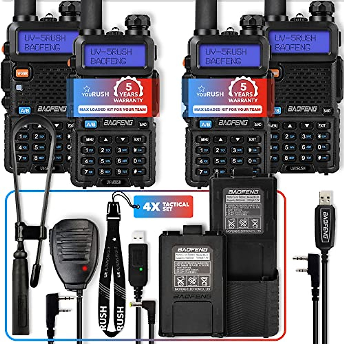 youRUSH Ham Radio Tactical Set - 4pack UV-5RUSH 8W 2Way Radio with 3800mAh and 2800mAh Batteries, Foldable Tactical Antenna, PTT Speaker Mic, USB Charger, Chirp Program Cable Compatible with Baofeng