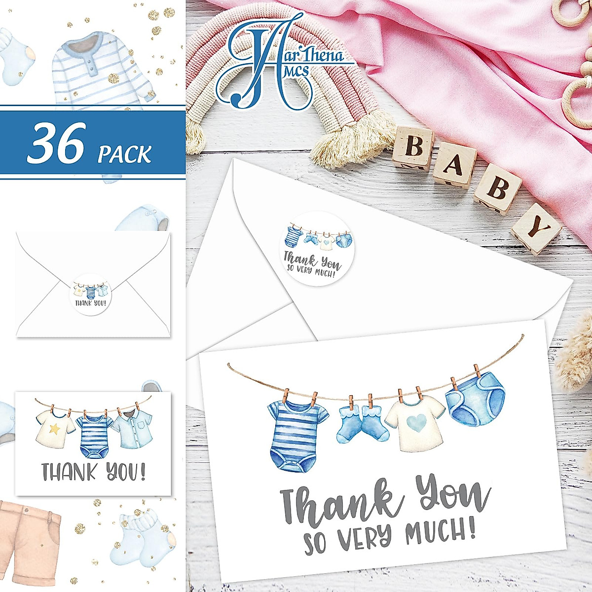 JarThenaAMCS 36 Pack Blue Clothesline Baby Shower Thank You Cards with Envelopes Stickers Onesie Boy Baby Cloth Blank Gratitude Note Cards Gift for Birthday Gender Reveal Party Supplies