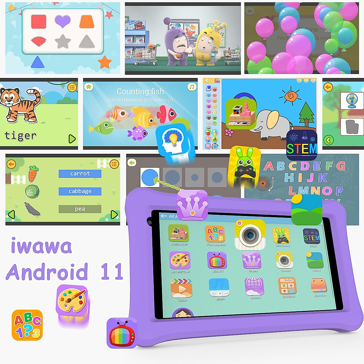 Kids Tablet 7 inch, Android 11 Tablet for Kids, 16GB Toddler Tablet with Bluetooth, IPS Screen, Parental Control, Kids Software PreInstalled, Dual Camera Shockproof Case for Education (Purple)