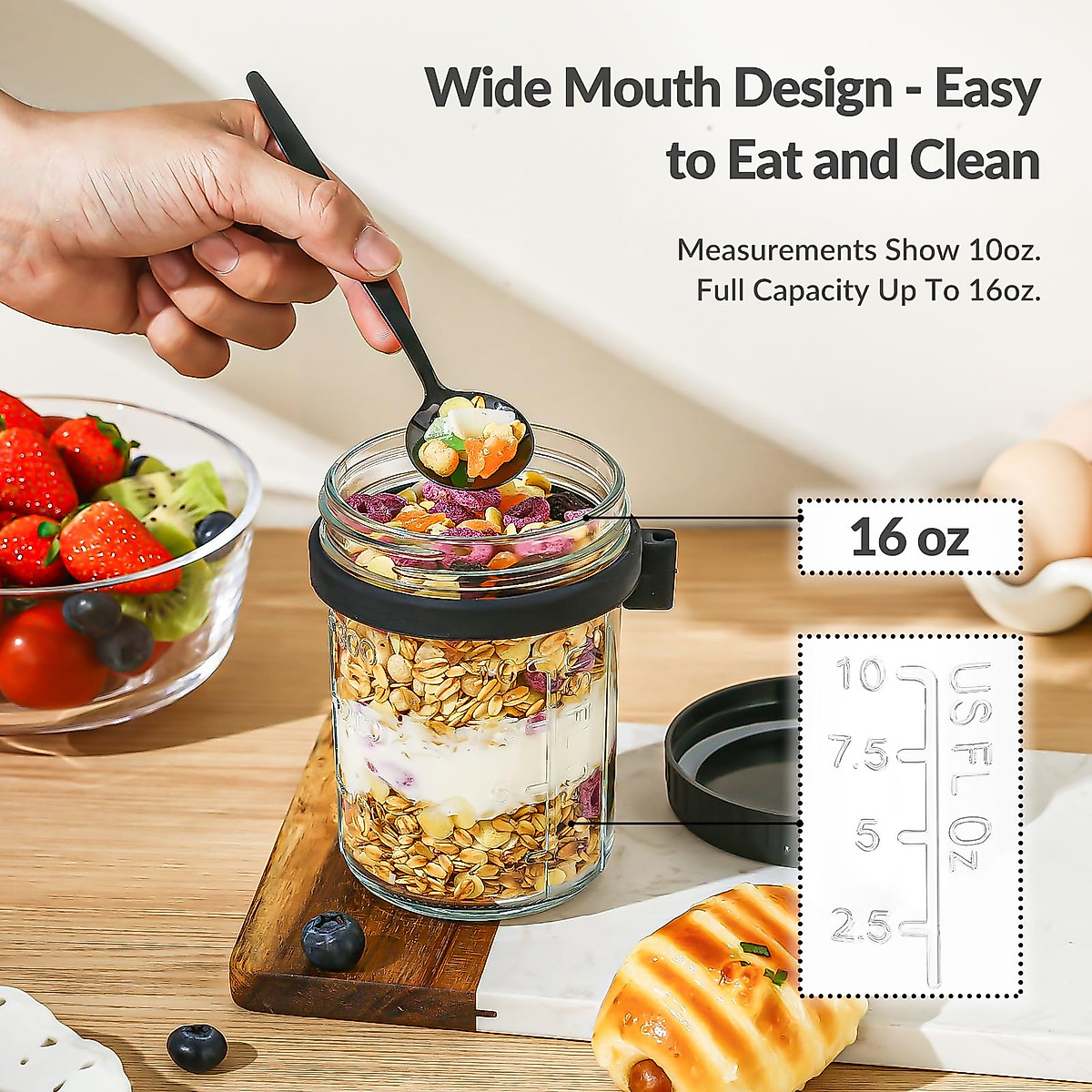 DRKIO 4 Pack Overnight Oats Containers with Lids and Spoons 16 Oz Glass Mason Jars for Overnight Oats Jars Leak Proof Oatmeal Container Great for Cereal Fruit Vegetable Milk Salad Yogurt Meal Prep