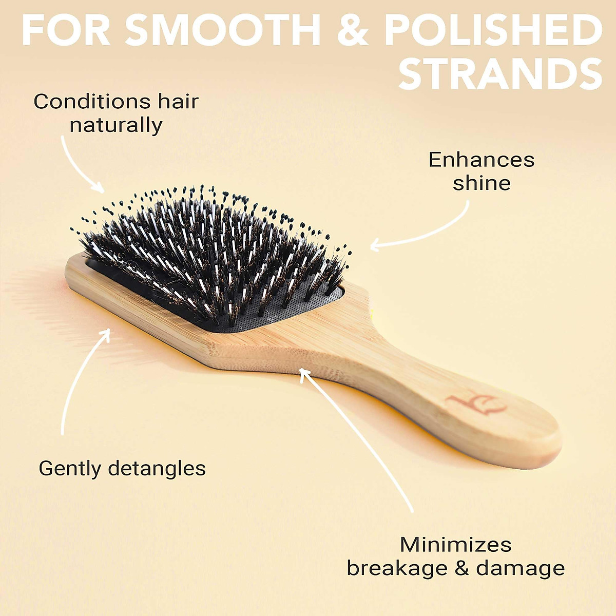 Boar Bristle Paddle Hair Brush - Smoothing Wood Brush for Thick, Curly & Wavy Hair, Detangling Natural Bristles for Women, Stimulates Scalp