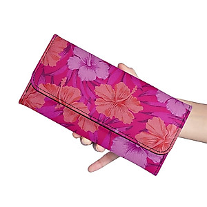 Howilath Womens Hibiscus Flower Wallet Clutch Organizer With Change Pocket, Credit Card Clutch Long Purse for Women - Hot Pink