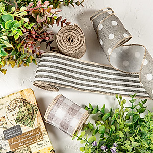 Whaline Farmhouse Wired Edge Ribbon 4 Rolls White Polka Dots Buffalo Plaid Stripe Ribbon Rustic Farmhouse Craft Ribbon for Spring Wedding Ribbon Wreaths Assorted DIY Gift Wrapping 2.5In x 20 Yard