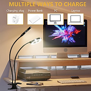 AWLYLNLL LED Desk Lamp with USB Adapter, Eye-Caring Gooseneck Ring Light, 3 Modes 10 Brightness Adjustable 10W Desk Light for Makeup Reading Bed Headboard (Metal)