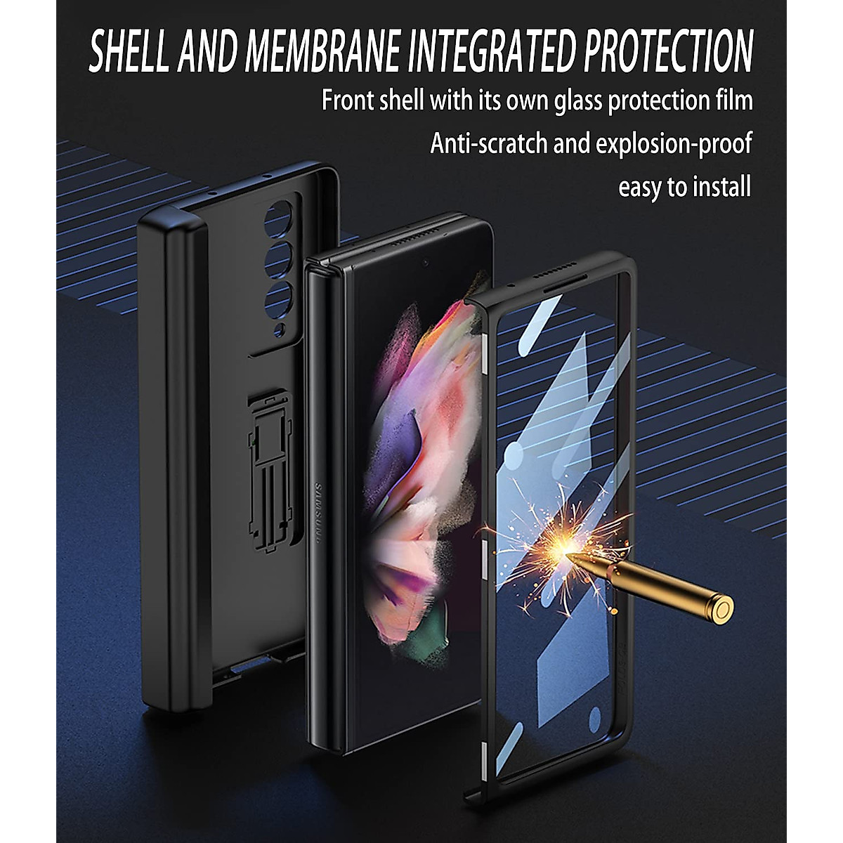 COCOING for Samsung Galaxy Z Fold 3 Case with Pen Holder,Hinged Cover Built-in with Pen Slot,with Screen Protector&Adjustable Bracket,Leather Cover Case for Galaxy Z Fold 3 (Silver)