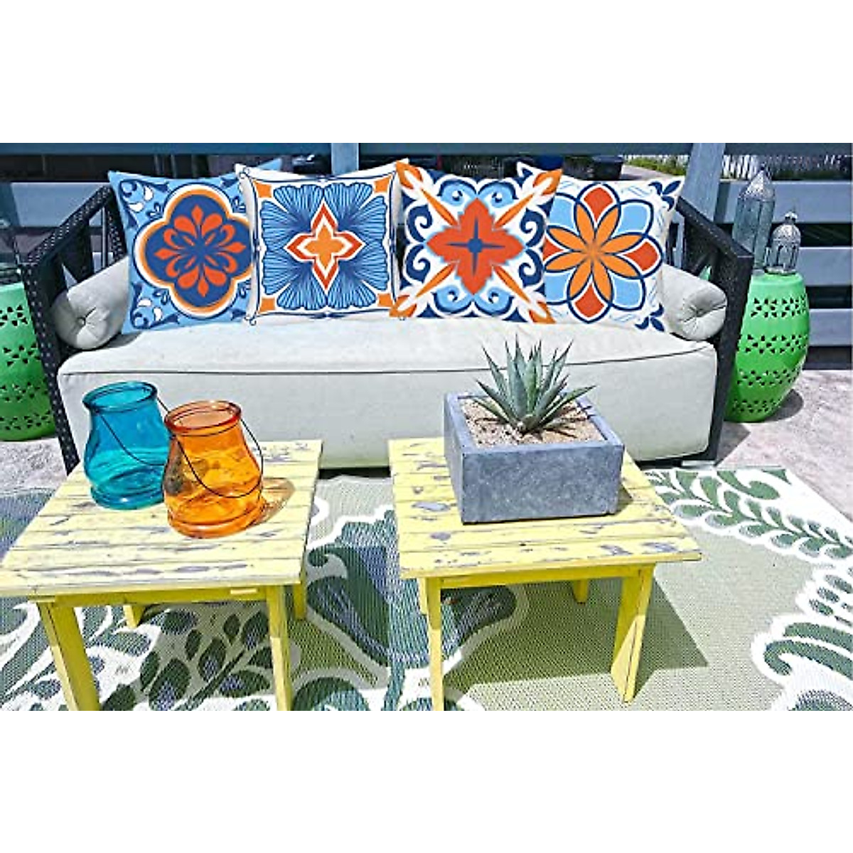 Royalours Outdoor Waterproof Throw Pillow Covers 18x18 Inch Set of 4 for Patio Furniture Flower Design Boho Farmhouse Pillow Cover Square Modern Geometry Pillow Cases for Garden Porch(Boho 4)