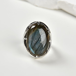 Natural Stone Adjustable Finger Rings Semi Precious Oval Shaped Gemstone Jewelry For Women Anniversary Birthday Wedding Gift (AA Quality Labrodarite)