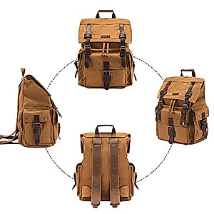 Kattee Men's Leather Canvas Backpack Large Bag Travel Rucksack Khaki