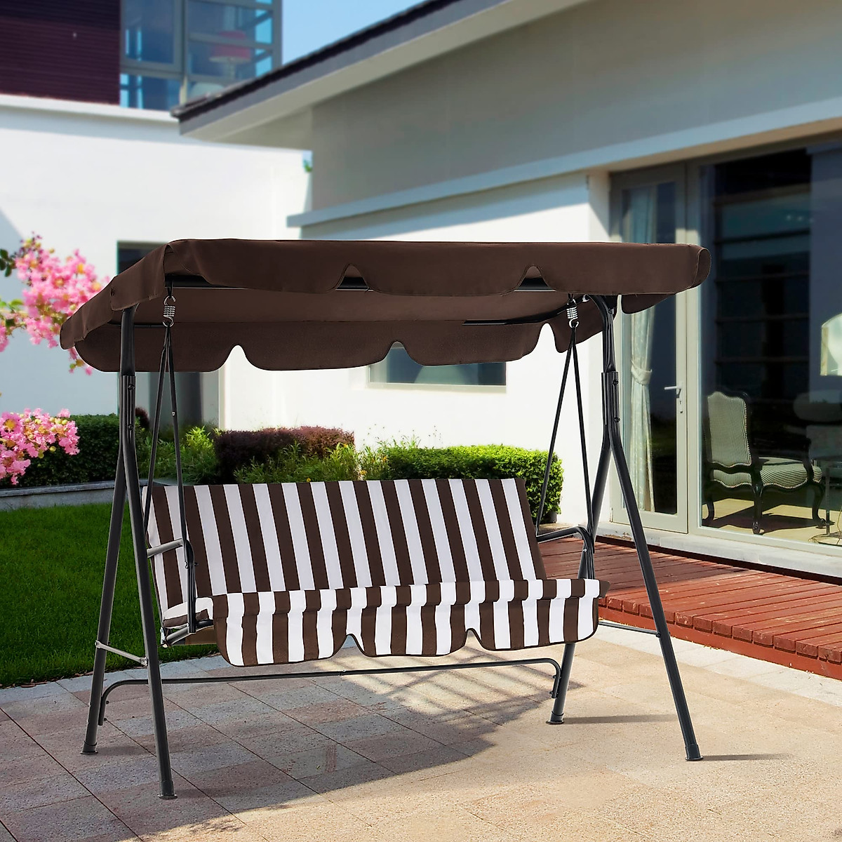 MCombo 2-3 Person Patio Swings with Canopy, Outdoor Porch Swing Chair with Steel Stand, Removable Cushions, for Backyard Garden Balcony 4008 (Brown with White Stripes)