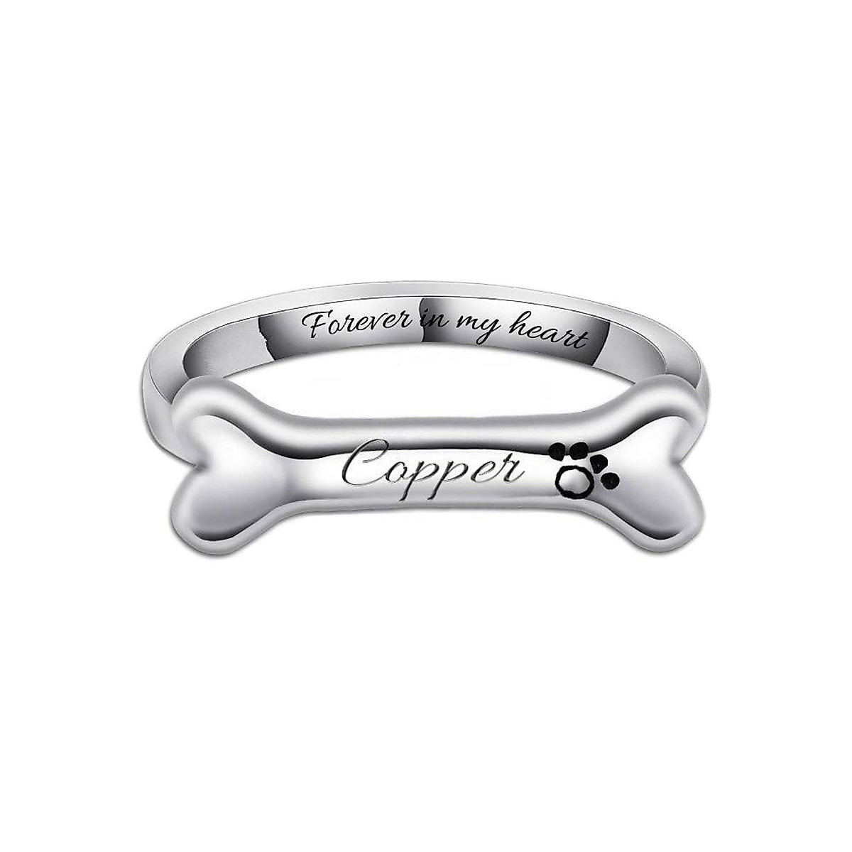 Elefezar Personalized Womens Pet Dog Bone Ring with Paw Printing Custom Name Band for Dog Lovers Silver