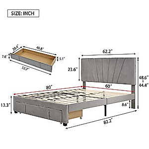 Rhomtree Queen Size Bed Frame with 1 Big Storage Drawer, Velvet Upholstered Storage Bed Frame, Easy Assembly, Queen Size Frame (Gray)
