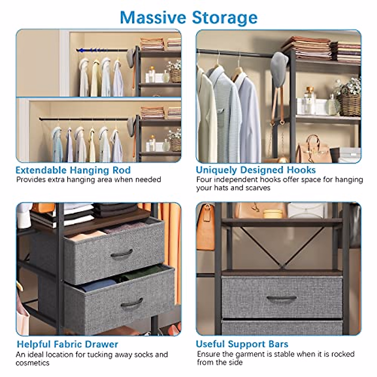 Timate P8 Walk in Closet Organizer System Kit Metal Closet System with Expandable Hanging Rod Custom Adjustable Closet Shelves for Bedroom, 6 to 8.4 FT Storage Rack, Built in Closet Shelving, Black