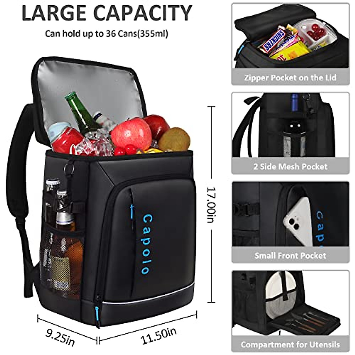 Capolo Cooler Backpack Insulated Leak Proof 36 Cans, Soft Camping Bacpack Cooler Thermal Bag Ice Chest, Portable Waterproof Travel Cooler for Lunch Beach Picnic Shopping